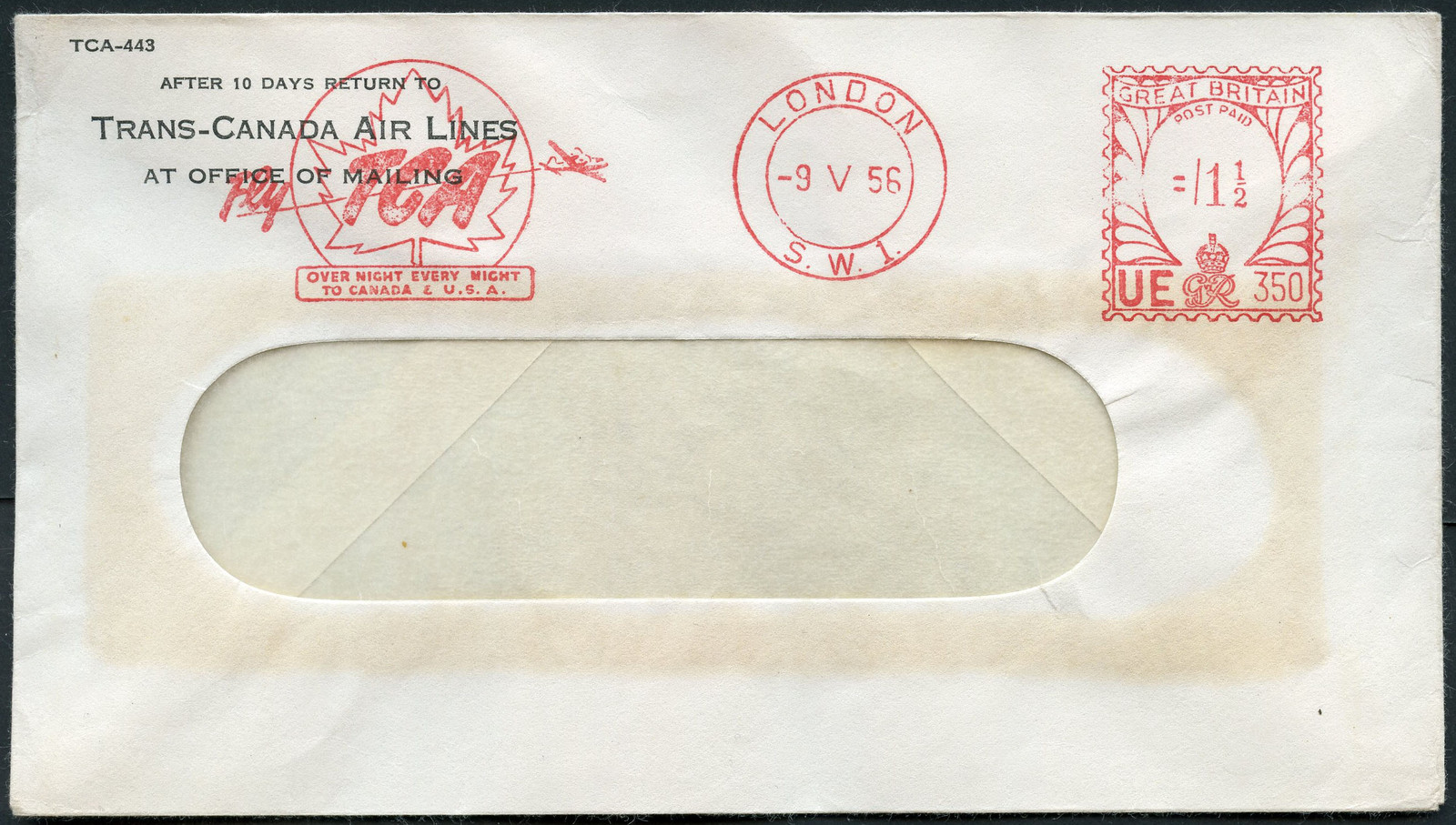 TRANS CANADA AIRLINES 1956 METER FRANKING on GB WINDOW ENVELOPE | eBay