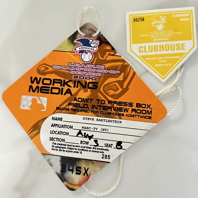 2000 American League Championship New York Yankees Media Pass ...