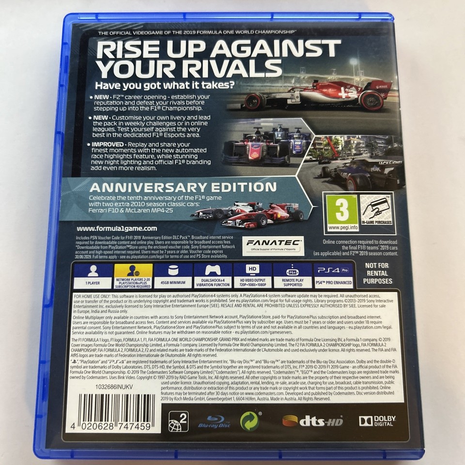 F1 2019 Anniversary Edition PlayStation 4 Game Complete w/ Manual VGC ...
