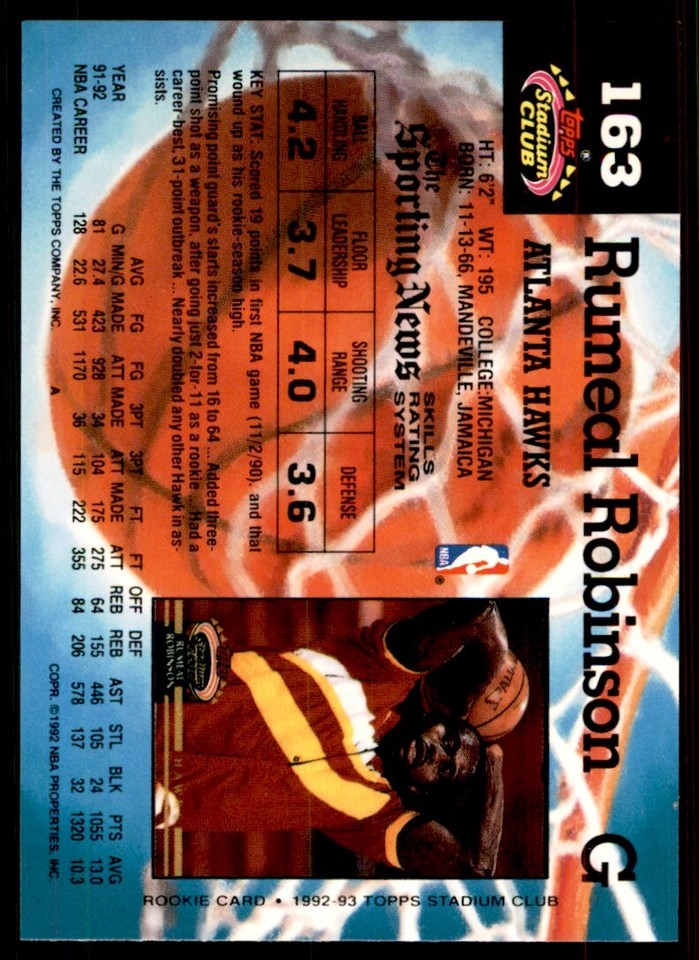 1992-93 Stadium Club Rumeal Robinson Atlanta Hawks #163 | eBay
