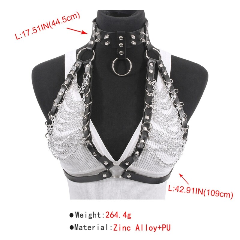 Pu Leather Body Chain Harness Goth Chest Layered Chain Bra with Rivets ...