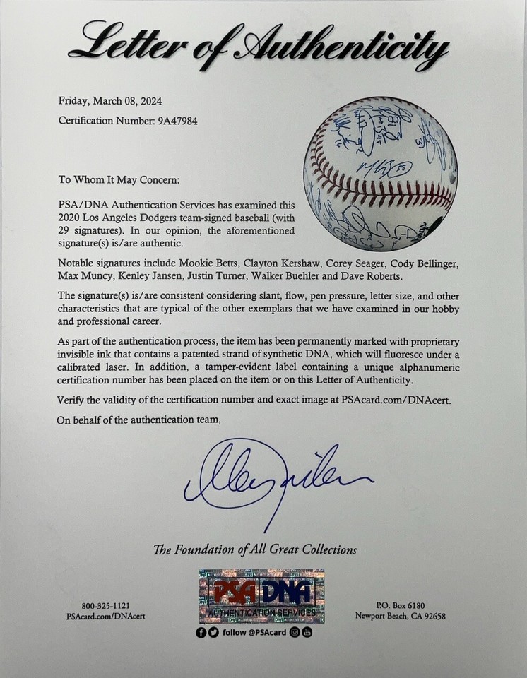 DODGERS 2020 WORLD SERIES BASEBALL SIGNED FULL ROSTER TEAM 29 AUTOS PSA ...