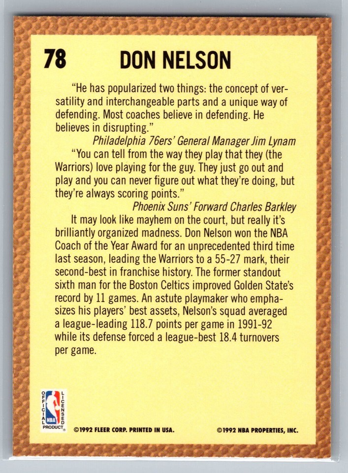 1992 Fleer Basketball #78 Don Nelson Coach, HOF Golden State Warriors ...