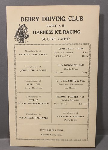 Derry Driving Club Horse Harness Ice Racing Program Score Card New ...