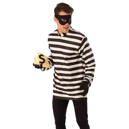 Burglar Costume Adult Robber Thief Black White Stripe Top Mask Gloves ...