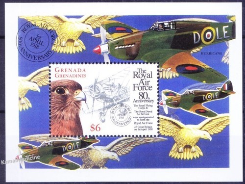 Grenada Gr. 1998 MNH MS, Head of Hawk, biplane, Royal Air Force, Birds ...