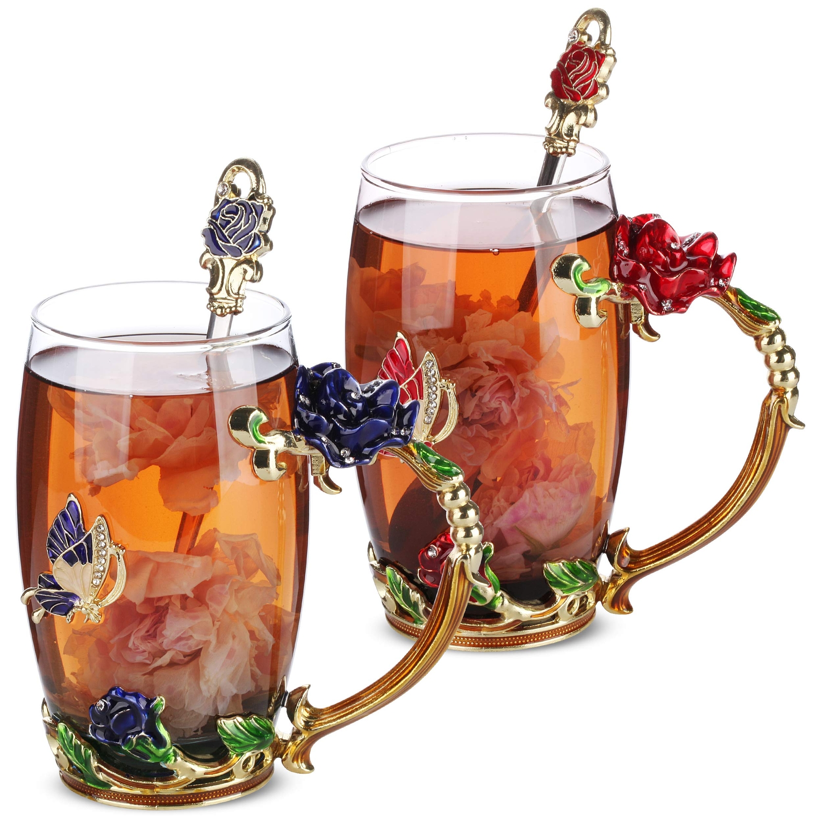 Btat Floral Glass Tea Cups Pack Of 2 Flower Tea Cups For Women Fancy ...