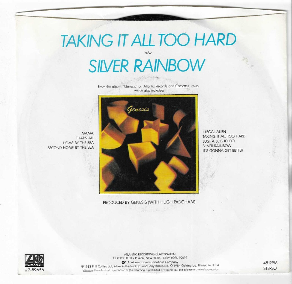 GENESIS - TAKING IT ALL TOO HARD / SILVER RAINBOW - 1984 7" 45rpm ...