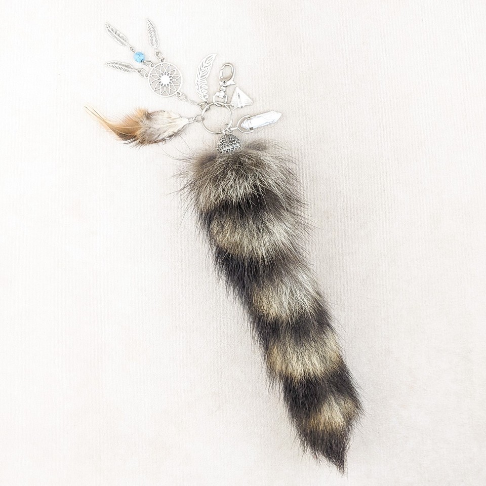 Raccoon Tail Keychain dreamcatcher charm Talisman hook Taxidermy ...