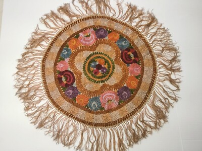Vintage Silk Matyo Hungarian Round Embroidery Tablecloth 23" 33" w ...