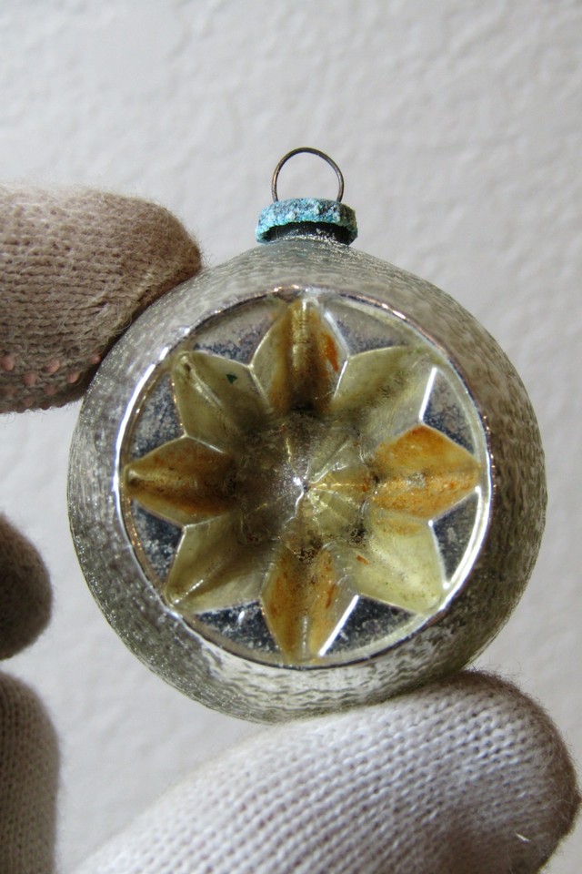 VTG Glass Indent GOLD FLOWER BALL STAR Embossed Feather Tree Christmas ...