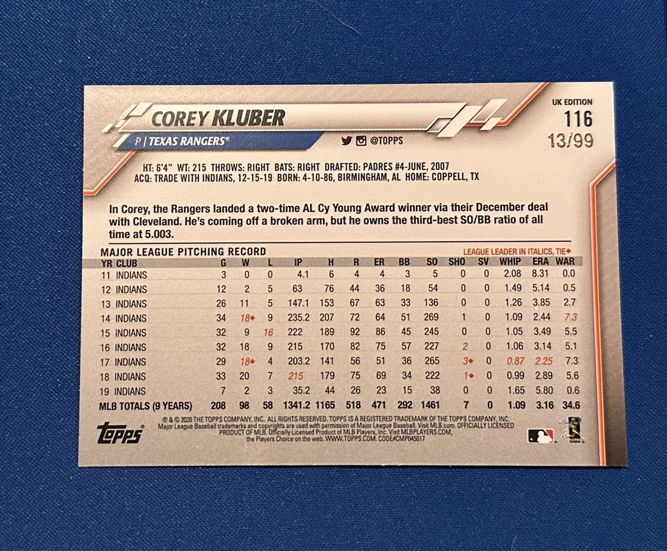 COREY KLUBER /99 2020 Topps UK Edition Big Ben Texas Rangers #116 | eBay