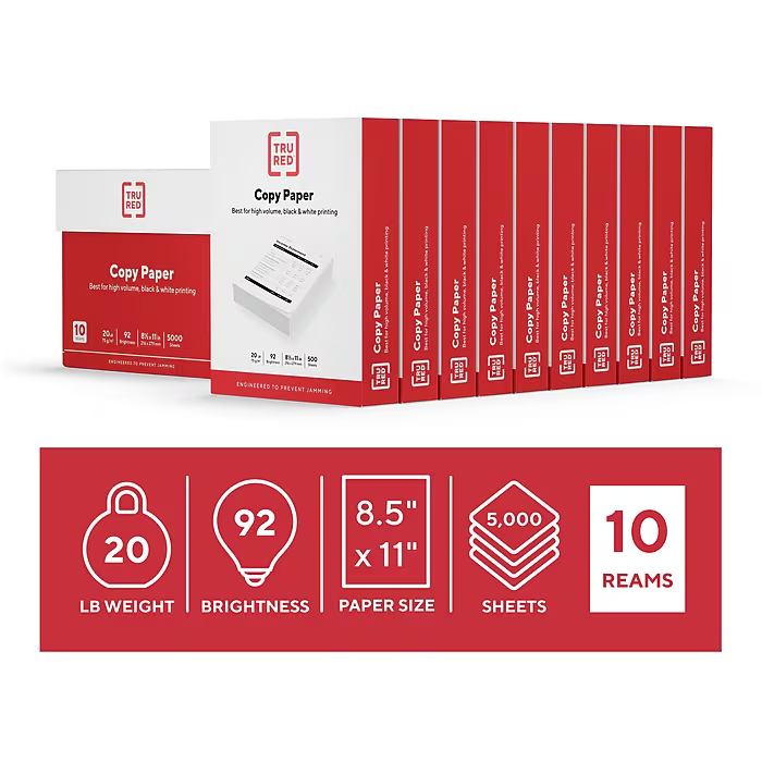TRU RED™ 8.5" x 11" Copy Paper, 20 lbs., 92 Brightness, 500 Sheets/Ream ...