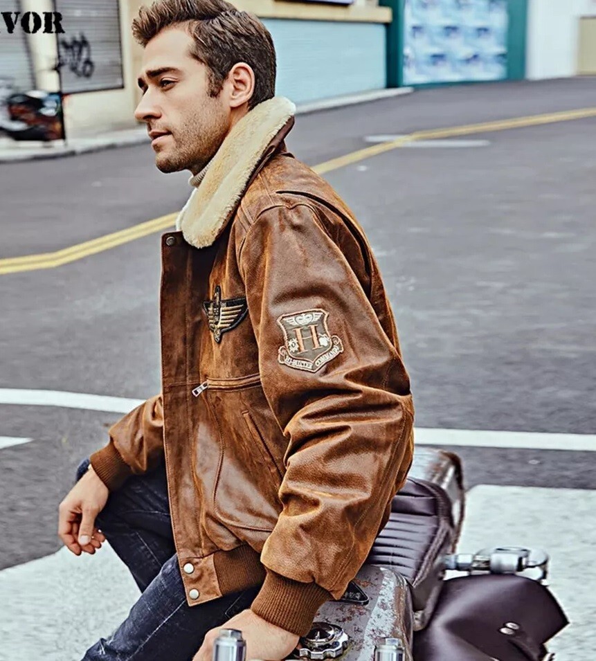 Men's A2 Aviator Bomber Leather Jacket With Removable FUR Collar ...