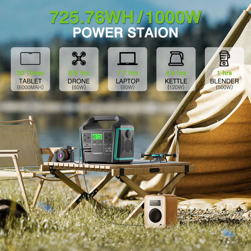 SWAREY Portable Power Station 1000W 725.76Wh Solar Power Generator ...