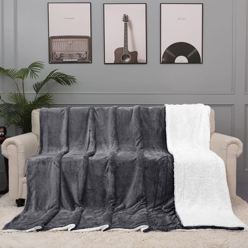 480 GSM Heavy Sherpa Fleece Blanket Soft Warm Bed Sofa Throw Super King ...