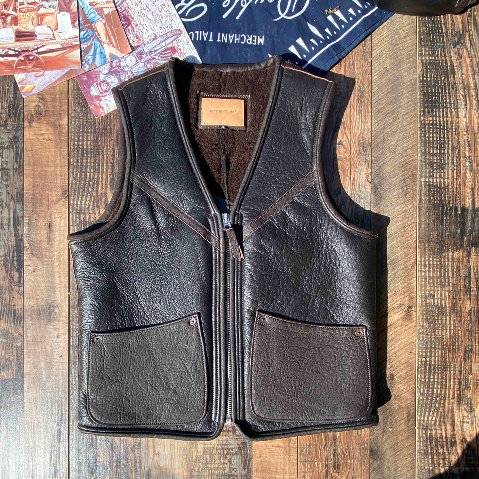 Retro Wool Full-Grain Shearling Vest Men Flying Jacket Real Sheepskin ...