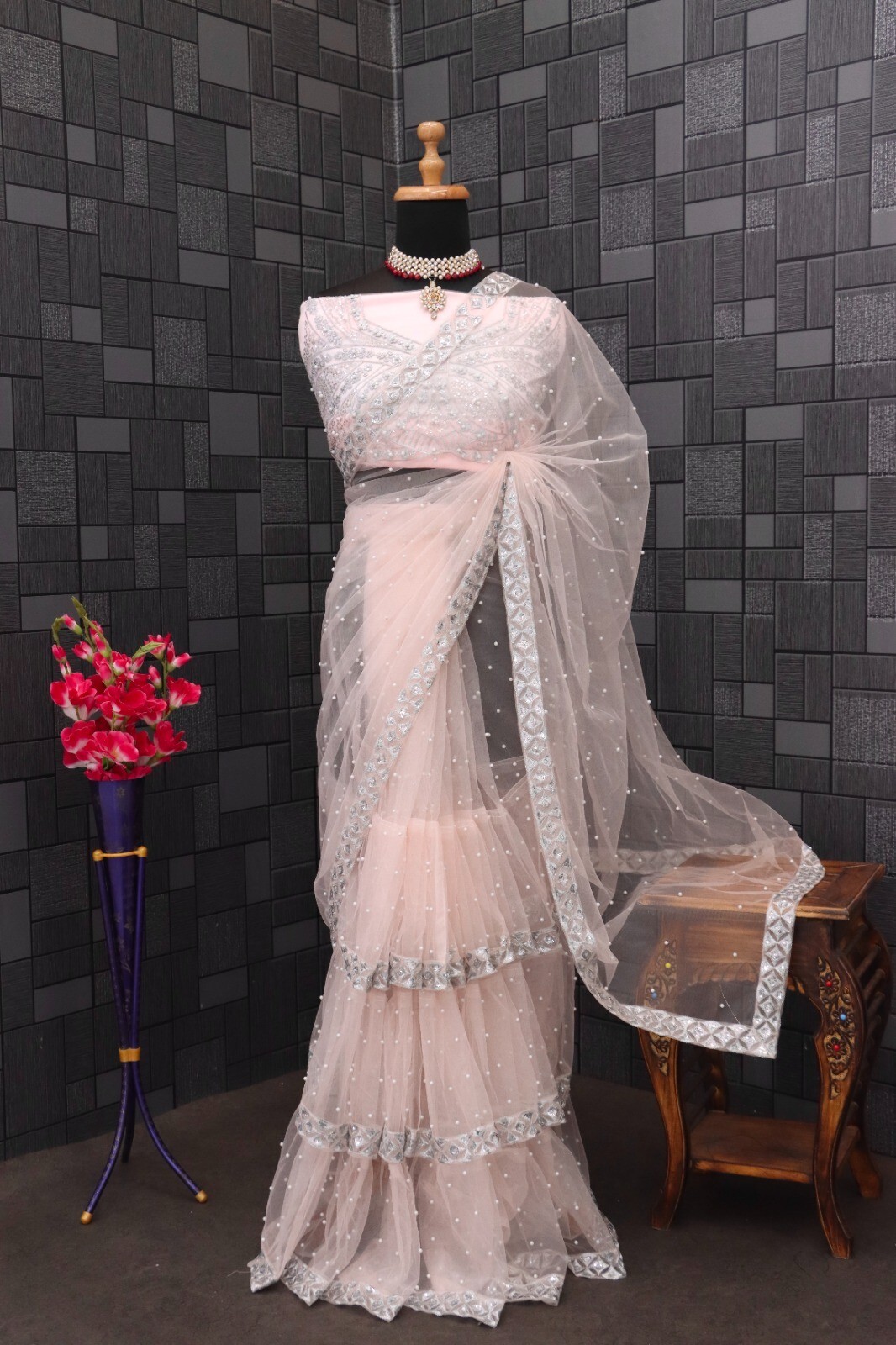 Women's Soft Net Ready To Wear One Minute Saree Ruffle Sari Thread ...