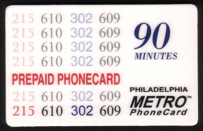 90m Philadelphia Métro Télécartes ( Area Codes : 215, 610, 302, 609 ...
