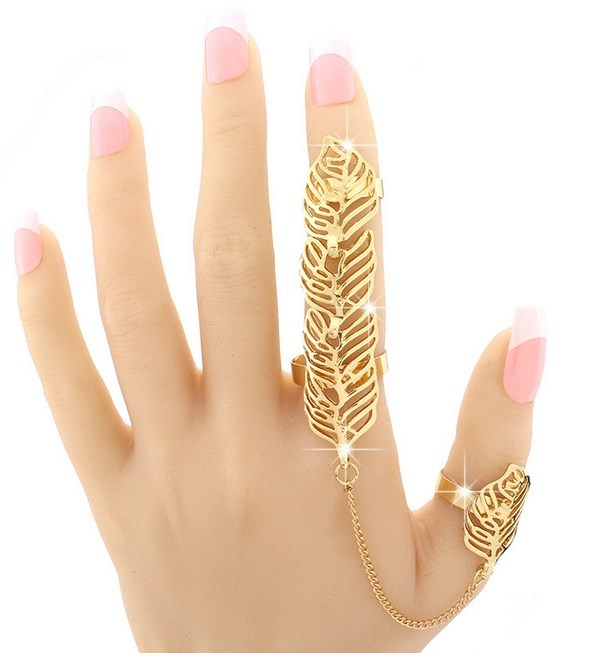 Fashion Charm Hollow Out Flower Leaf Full Finger Link Double Finger ...