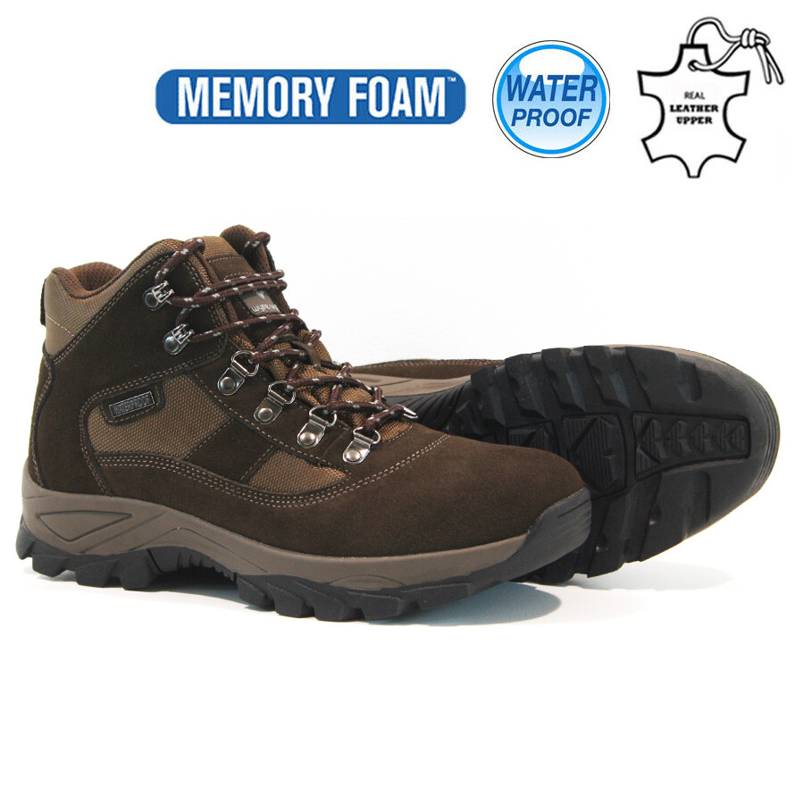 MENS WATERPROOF BOOTS LEATHER MEMORY FOAM WALKING HIKING ANKLE TRAINERS ...