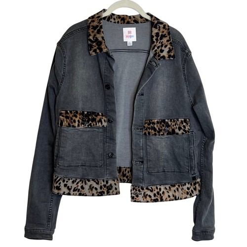 Lularoe Womens Jacket Large Gray Denim Leopard Print Trim Button Front ...
