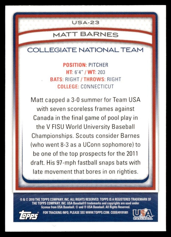 2010 Topps USA Baseball Matt Barnes Rookie USA #USA-23 | eBay