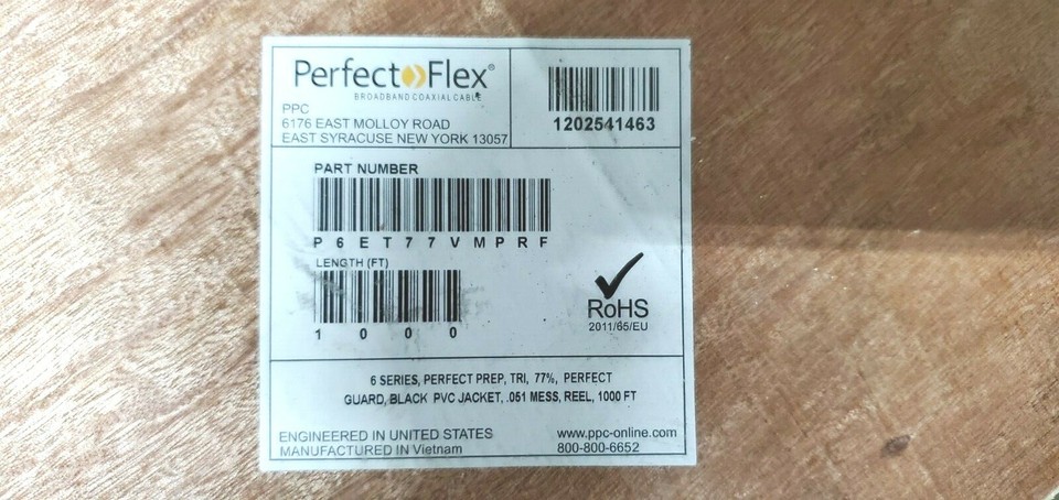 PERFECT FLEX 1000' BLACK RG-6 COAXIAL CABLE W/MSGR/GRD 3GHZ SPOOL NEW ...