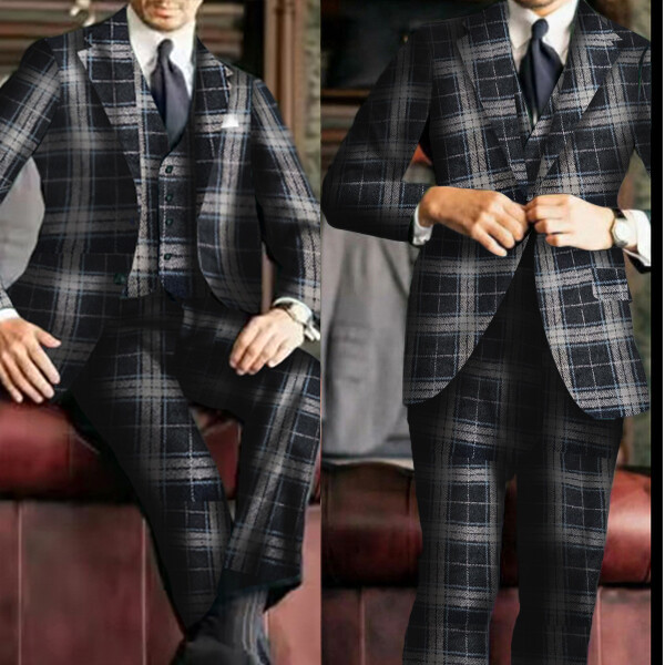 Checked Men Suits Regular Fit Single Breasted Wedding Tuxedo Notch ...