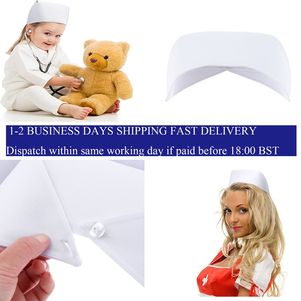 White Cotton Authentic Nurse Hat Starched Pre-formed Medical Surgery ...