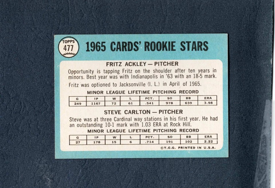 1965 Topps Card # 477 Ackley/Carlton * RC in Appealing NrMt condition ...