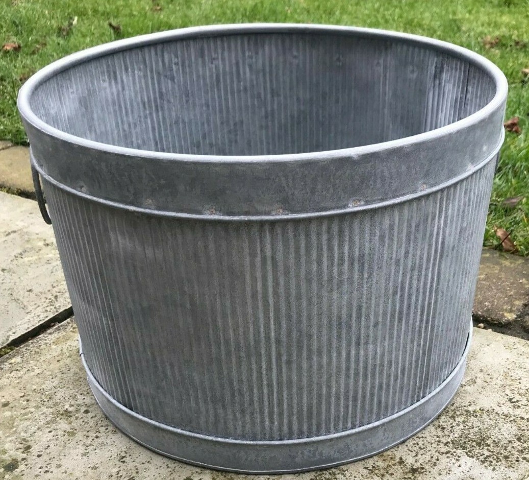Vintage Style Galvanised Metal Barrel Ribbed Planter Tub Plant Flower ...