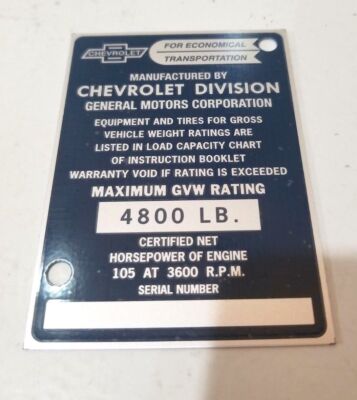 Chevy 1/2 Ton Truck ID Identification Tag 1954 - Early 1955 NON STAMPED ...