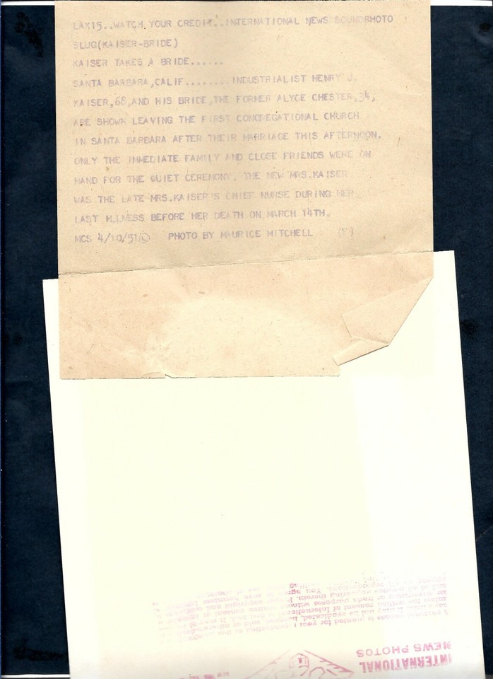 WEALTHY INDUSTRIALIST HENRY KAISER WEDS ALYCE CHESTER CALIF 1951 VTG ...