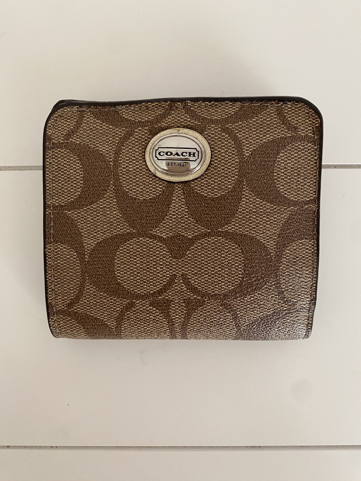 COACH Khaki Metallic Gold Signature PVC Bifold Wallet… - Gem