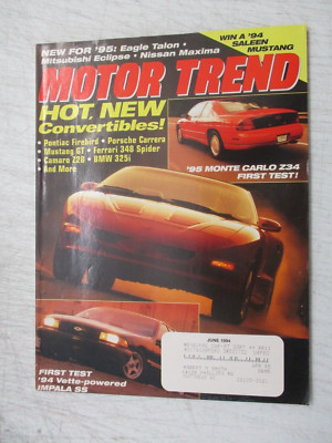 MOTOR TREND MAGAZINE JUNE 1994 1995 MONTE CARLO Z34 PONTIAC FIREBIRD ...