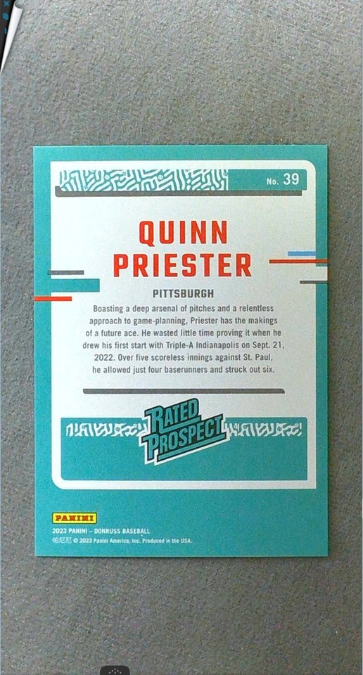 2023 Donruss Rated Prospect Red Holo #39 Quinn Priester Pirates #'d ...