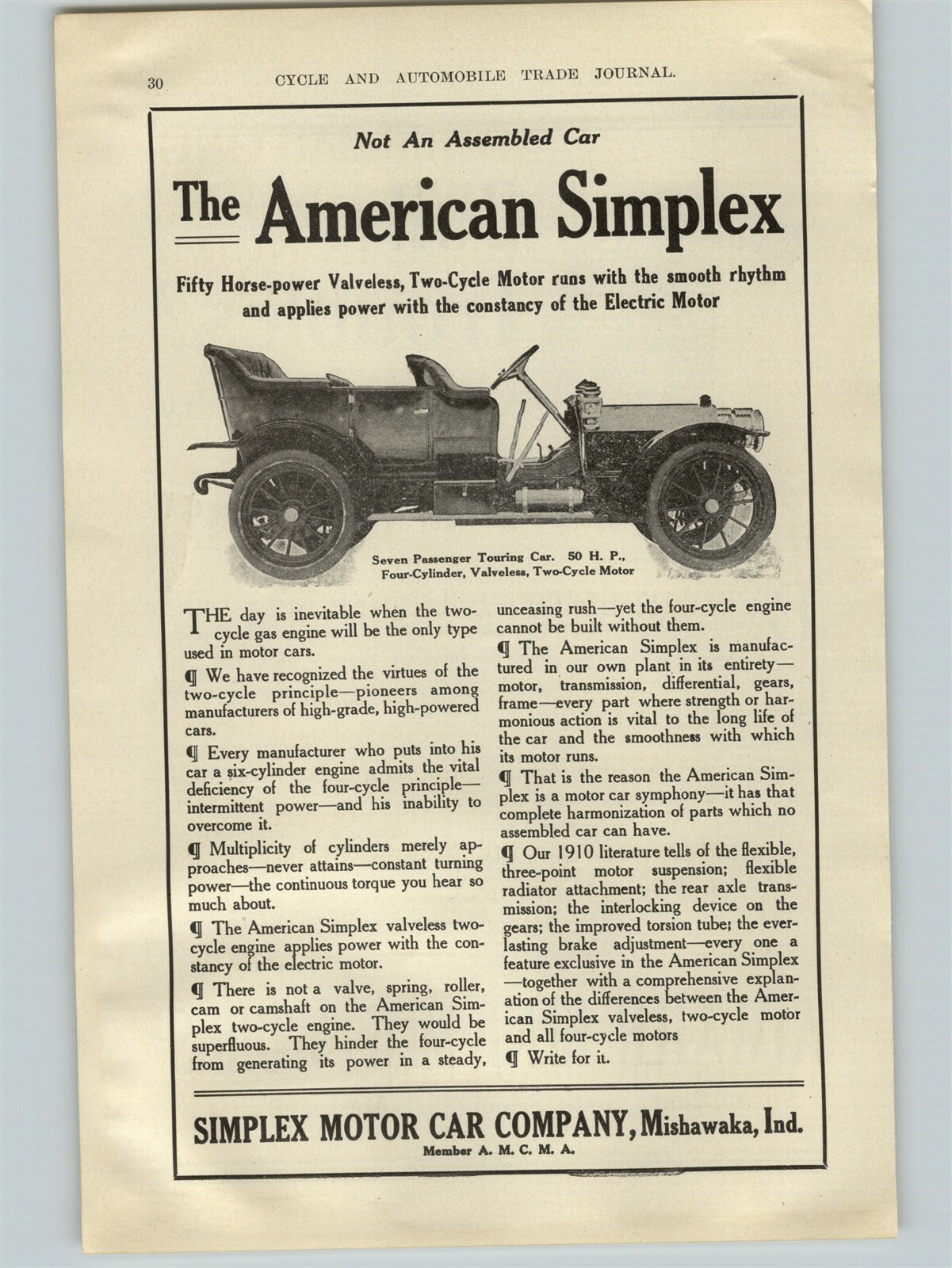 1909 PAPER AD 1910 American Simplex 7 Passenger Touring Car Auto ...