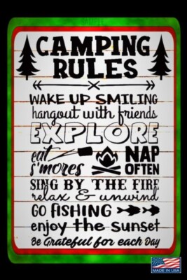 CAMPING RULES! METAL SIGN 8"X12" USA! RUSTIC RV CAMPING LOG CABIN LODGE ...