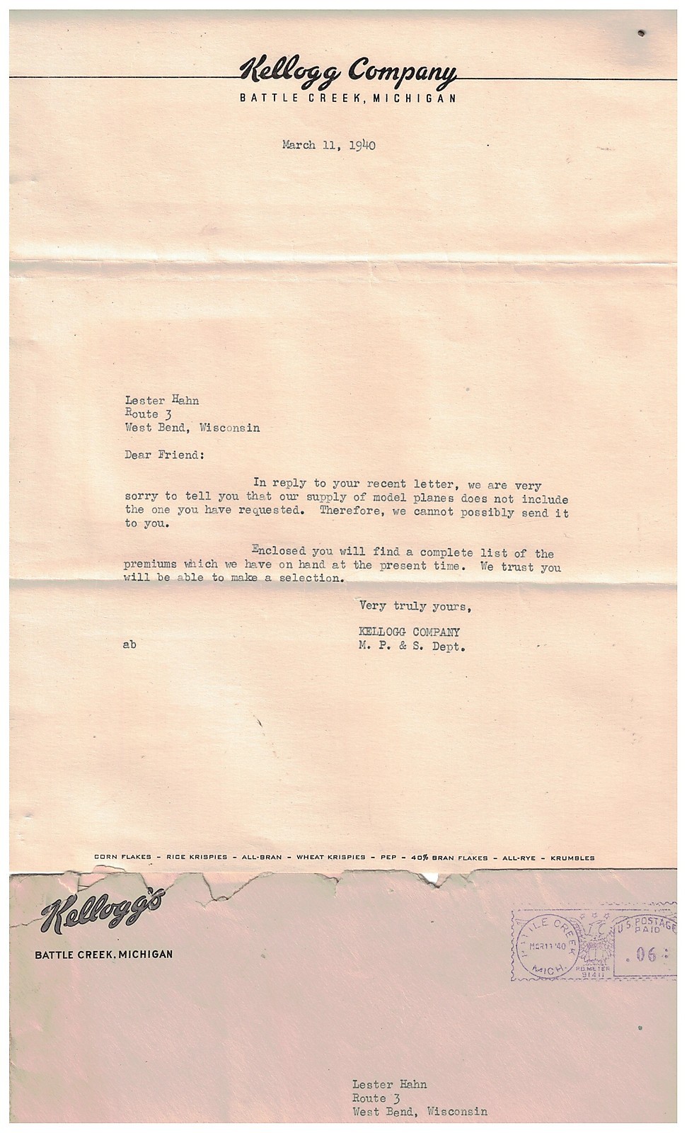 1940 Letter from Kellogg includes 5 page list of available Cereal ...