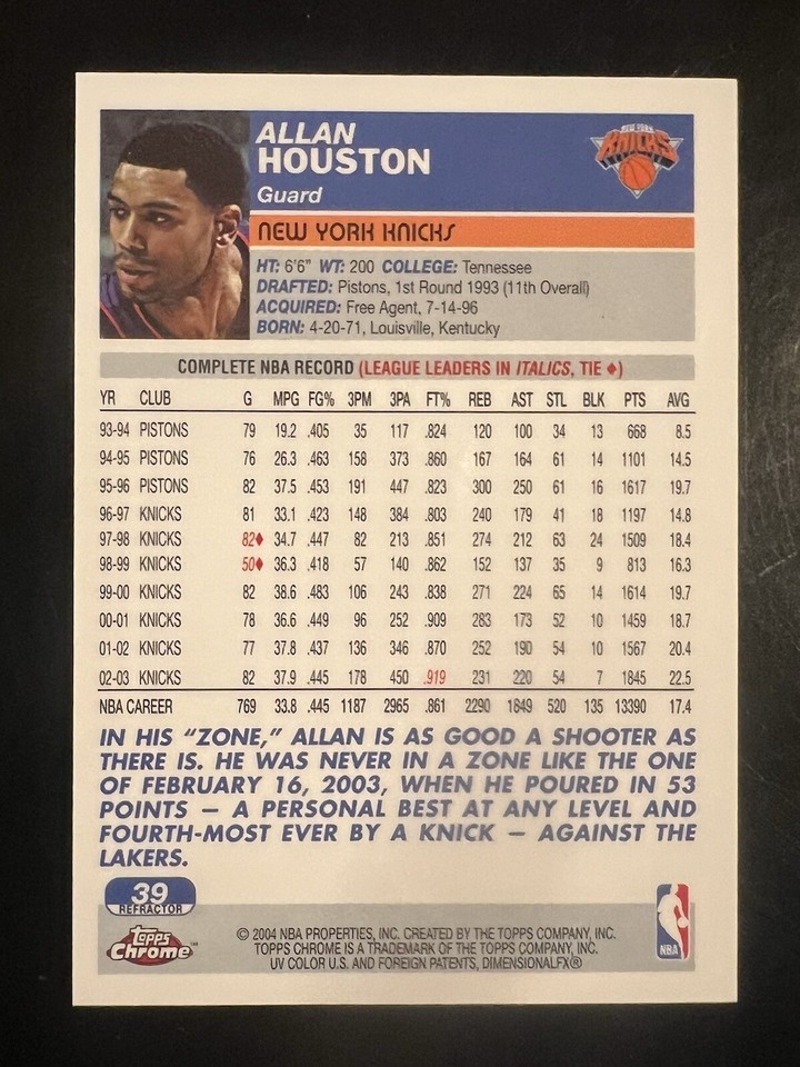 2003-04🔥Allan Houston🔥Topps Chrome Refractor Parallel #39 N. Y. Knicks ...