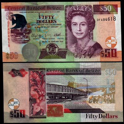 Belize 50 DOLLAR P-70 2009 Queen Elizabeth II♛ UNC Fish Boat World ...