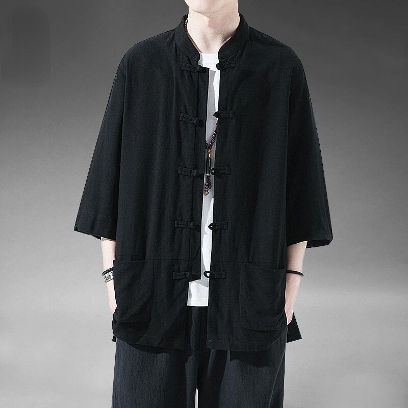 Men Chinese Tai Chi Tang Suit Half Sleeve Shirt Kung Fu Jacket Retro ...