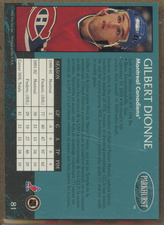 1992-93 Parkhurst #81 Gilbert Dionne Montreal Canadiens | eBay