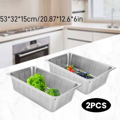 2PCS Full Size Perforated Stainless Steel Steam Table Food Pan 6" Deep ...