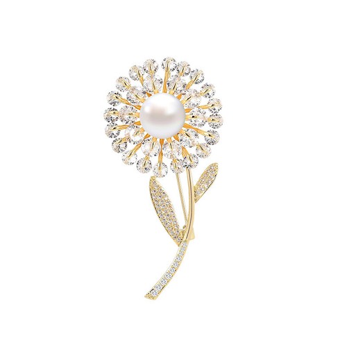 Women's Gold Plated Clear Cubic Zirconia Pearl Dandelion Flower Brooch ...