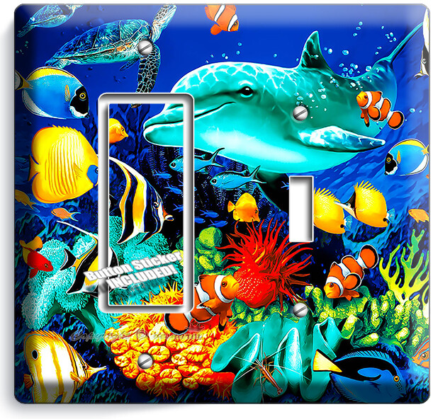 COLORFUL OCEAN LIFE TROPICAL SEA FISH DOLPHIN LIGHT SWITCH OUTLET ART ...