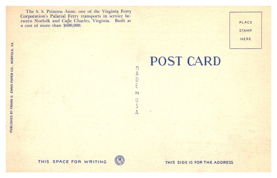 Norfolk Va SS Princess Anne Ferry Boat Cape Charles Postcard A3 | eBay