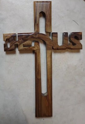 Handmade Carved Wooden Cross Cut-Out Spells Jesus 5.5”H 4.5”W Christian ...