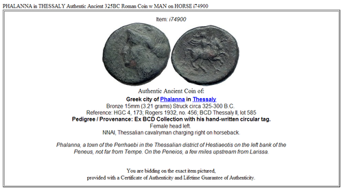 PHALANNA in THESSALY Authentic Ancient 325BC Roman Coin w MAN on HORSE ...